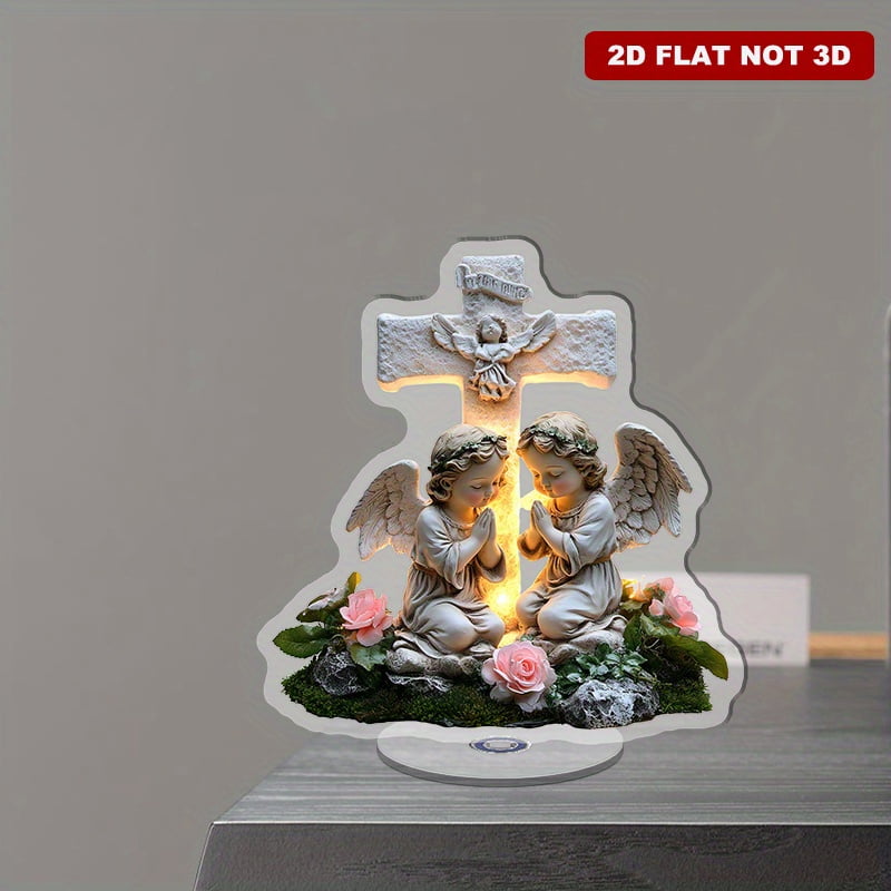 Rotatable acrylic ornament features a white stone cross and angel ...