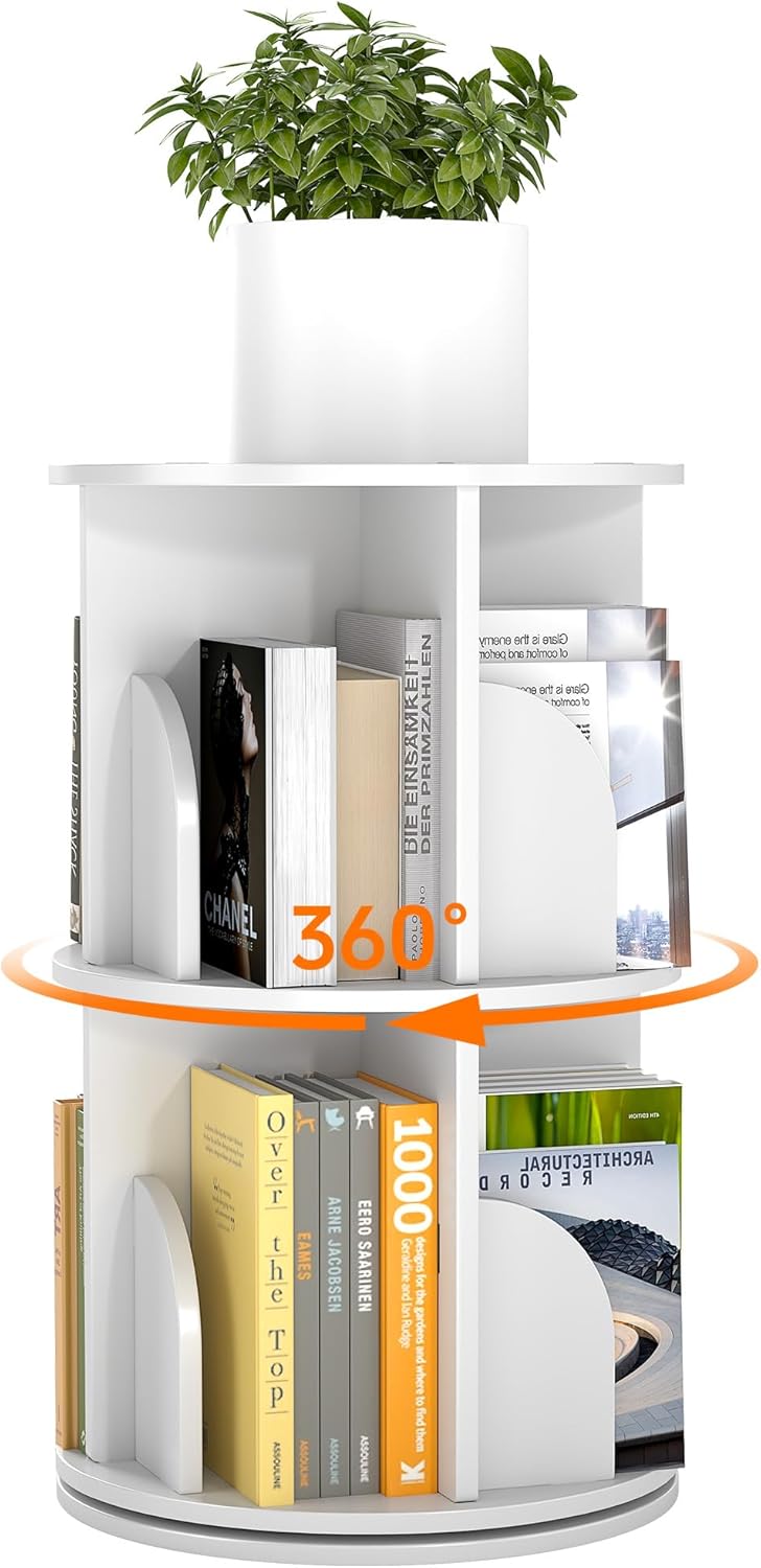 Rotating 2-Tier Bookshelf, 360° Spinning Corner Bookcase with Lazy ...