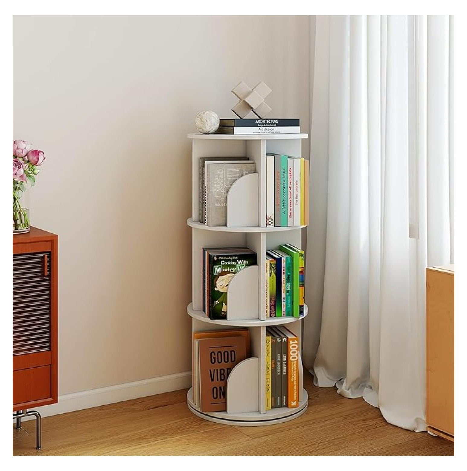 Rotating 3-Tier Bookshelf, 360° Spinning Corner Bookcase with Lazy ...