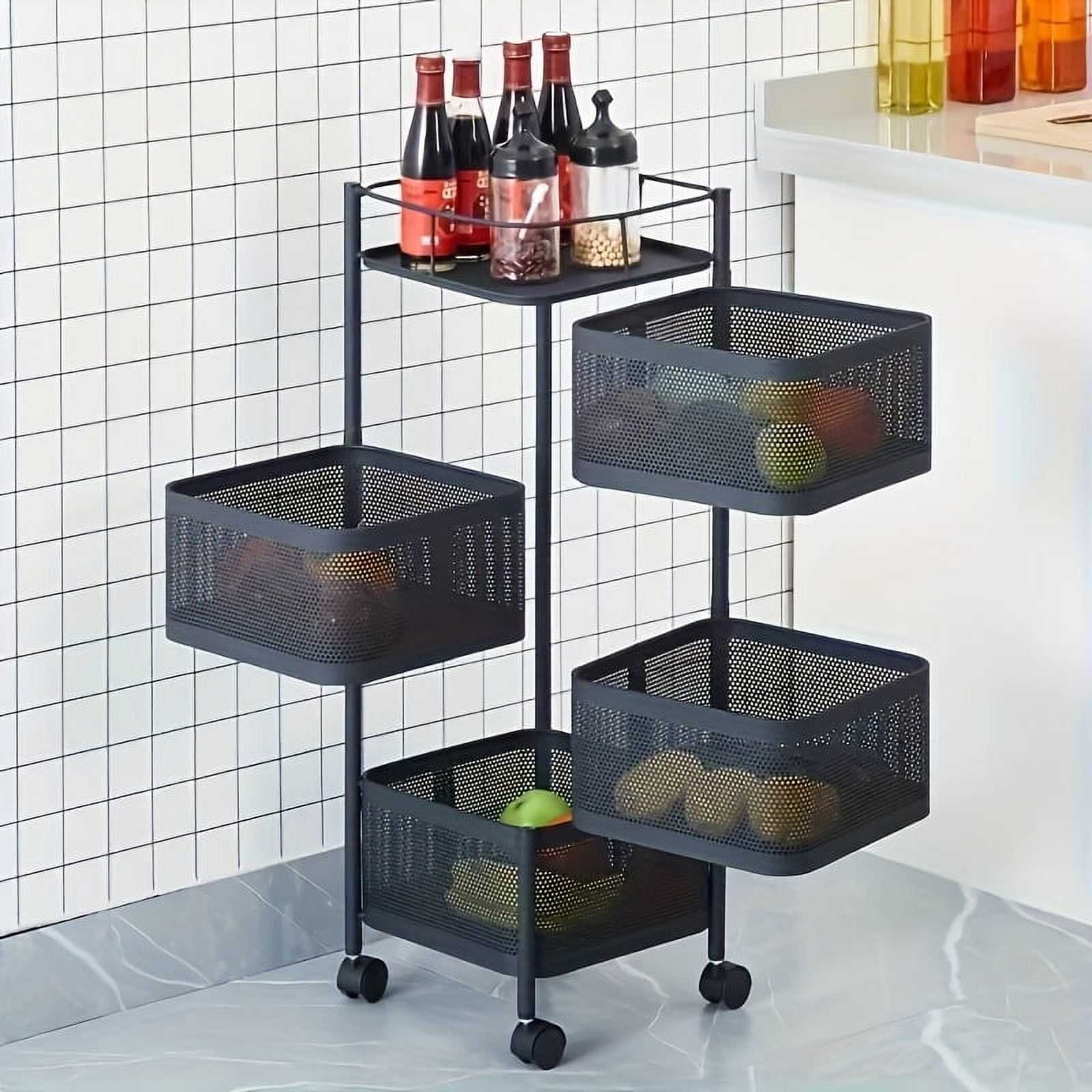Rotating 3-Tier Kitchen Storage Organizer - Metal Lazy Susan Turntable with Wire Baskets ...