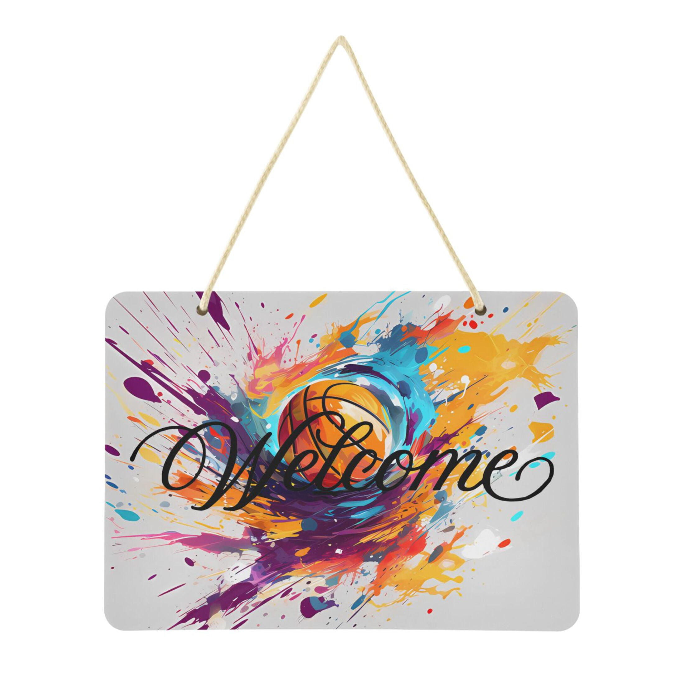 Rotating Basketball Welcome Sign Front Door PVC 14x10 inch Hanger Hello ...