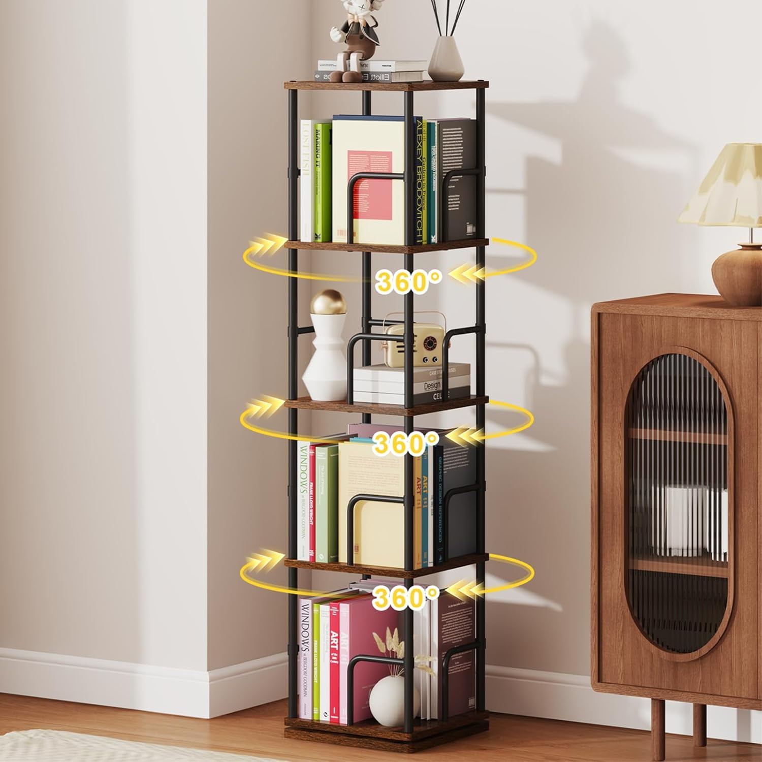 Rotating Book Shelf,4 Tier Small Narrow Corner Bookshelf Bookcase For ...
