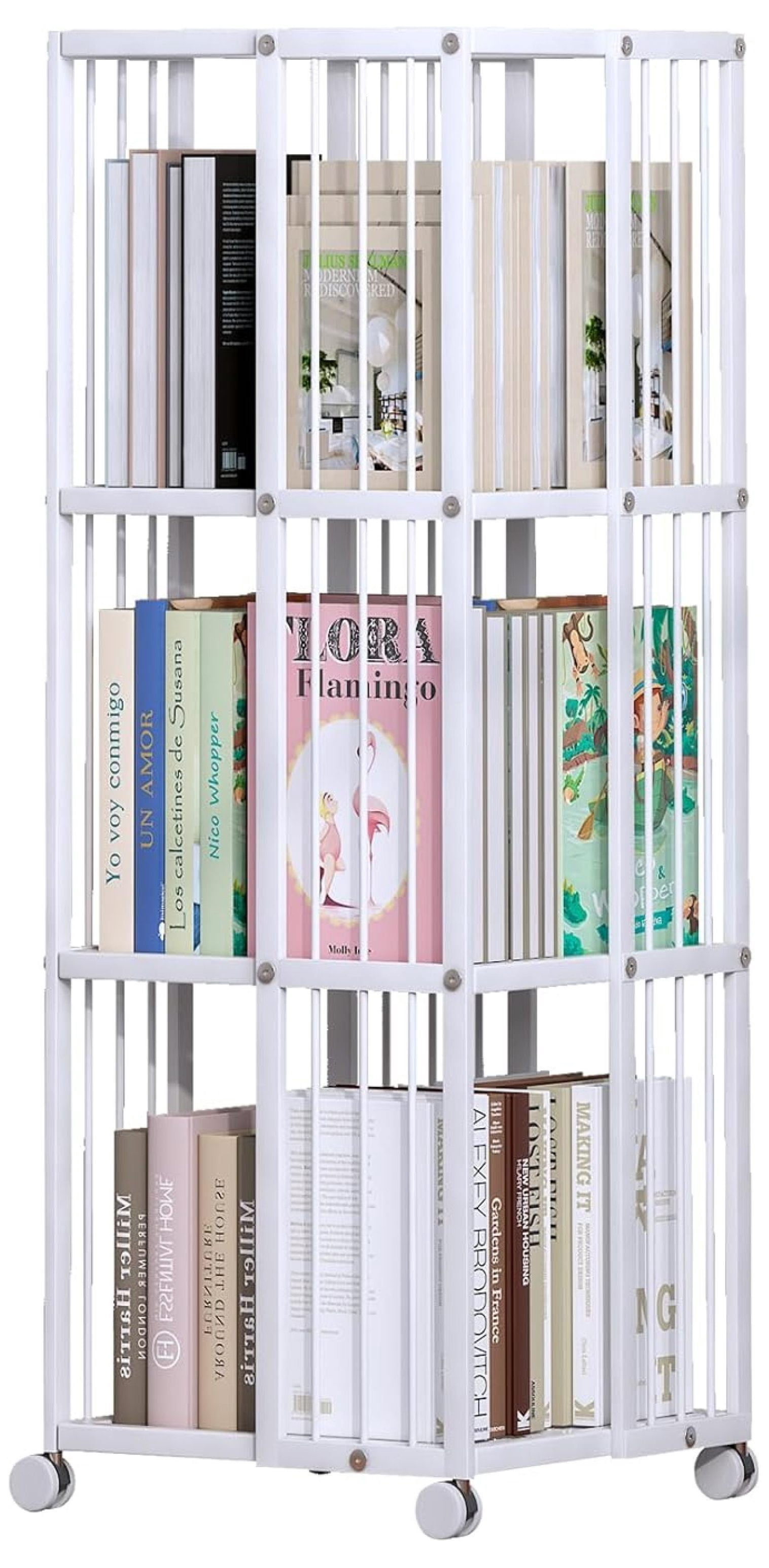 Rotating Bookcase White 3 Tiers Metal Large Capacity Bookshelf, 360 ...