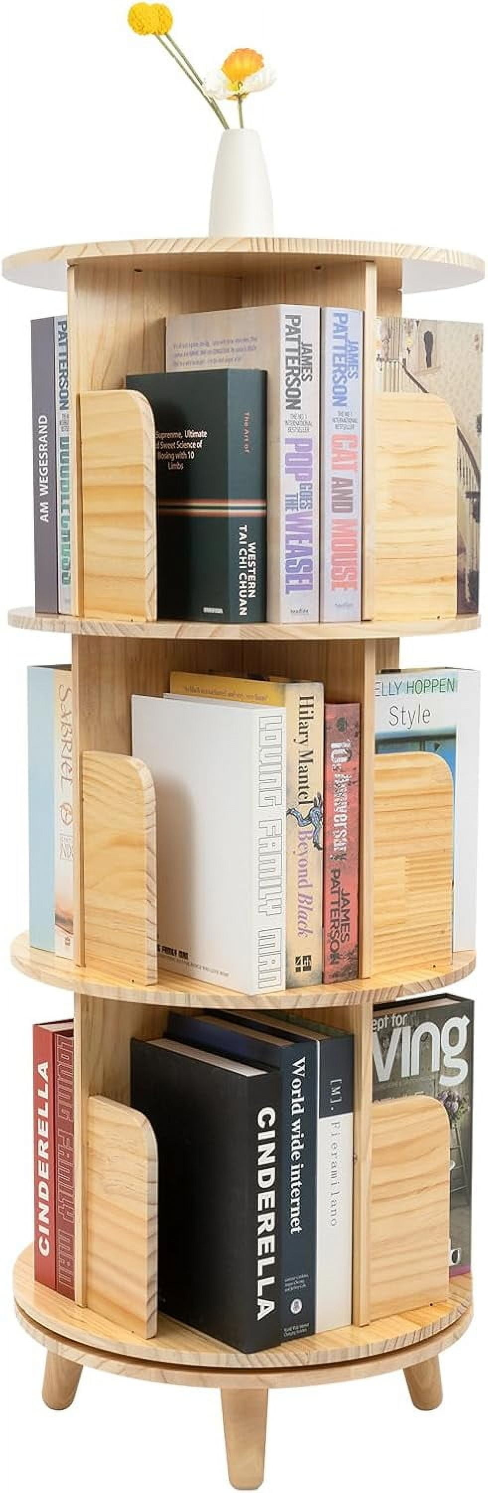 Rotating Bookshelf, 3-Tier Pine Wood Board Bookcase, Freestanding ...