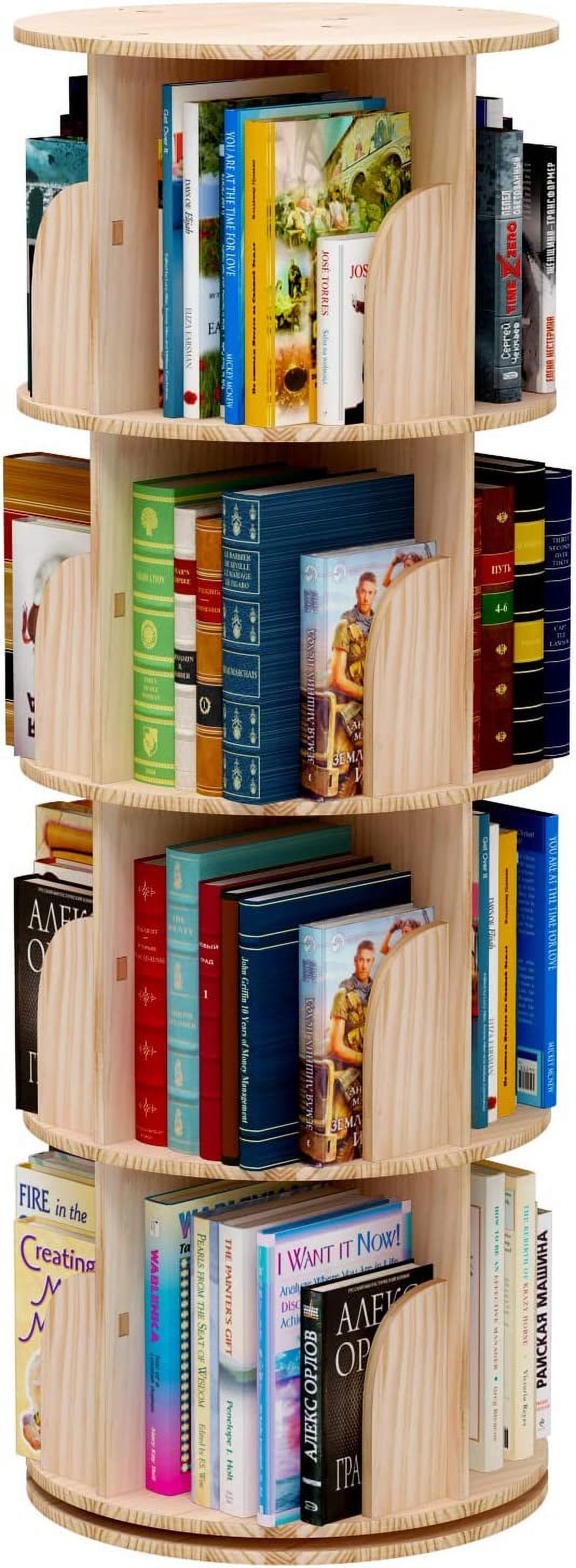 Rotating Bookshelf 360 Degrees, 4 Tier Stackable Solid Wood Bookshelf ...