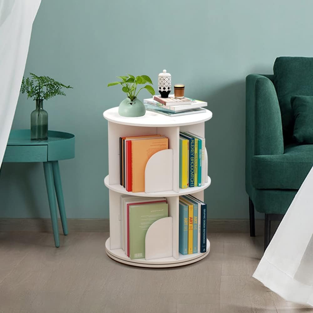 Rotating Bookshelf 360° Display 2 Tier Floor Standing Bookcase Storage ...