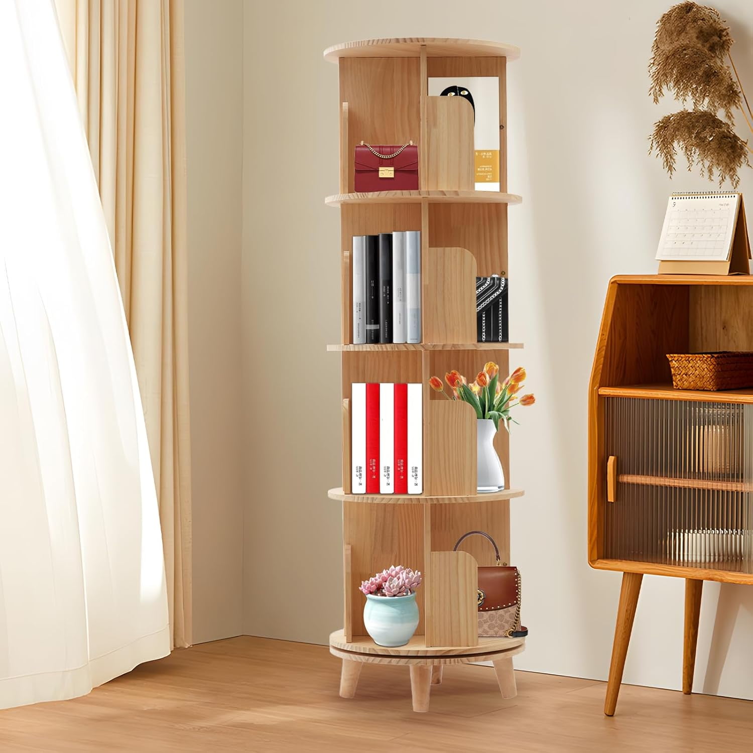 Rotating Bookshelf,360 Display 4 Tier Floor Standing Bookcase Organizer ...