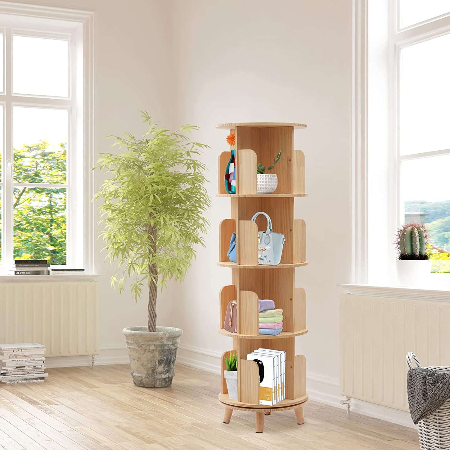 Rotating Bookshelf, 360 Display 4 Tier Floor Standing Wood Bookcase ...