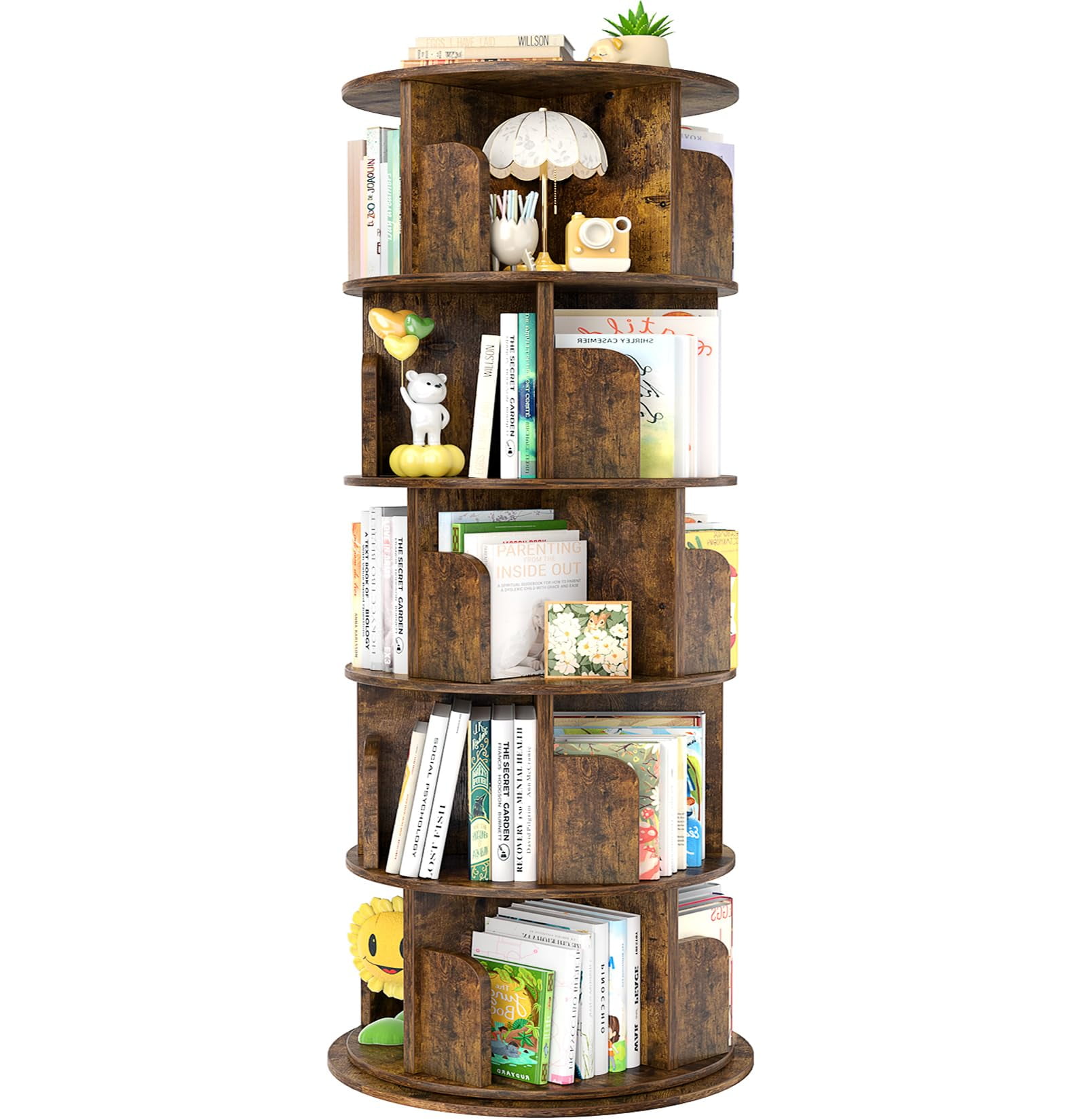 Rotating Bookshelf, 360 Display Wood Spinning Bookshelf Tower, 5 Tier ...