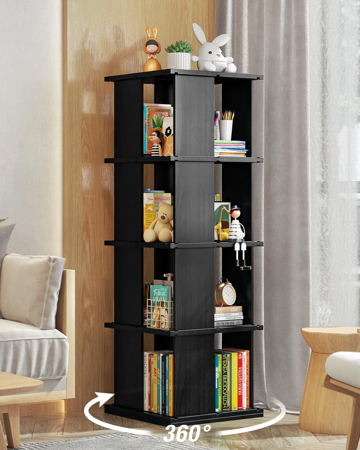 Rotating Bookshelf, 4-Shelf 360° Solid Wood Book Shelf Tower, Stackable ...
