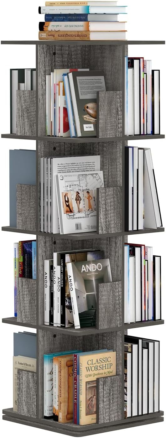 Rotating Bookshelf 4 Tier Bookcase Square Floor Standing 360° View ...