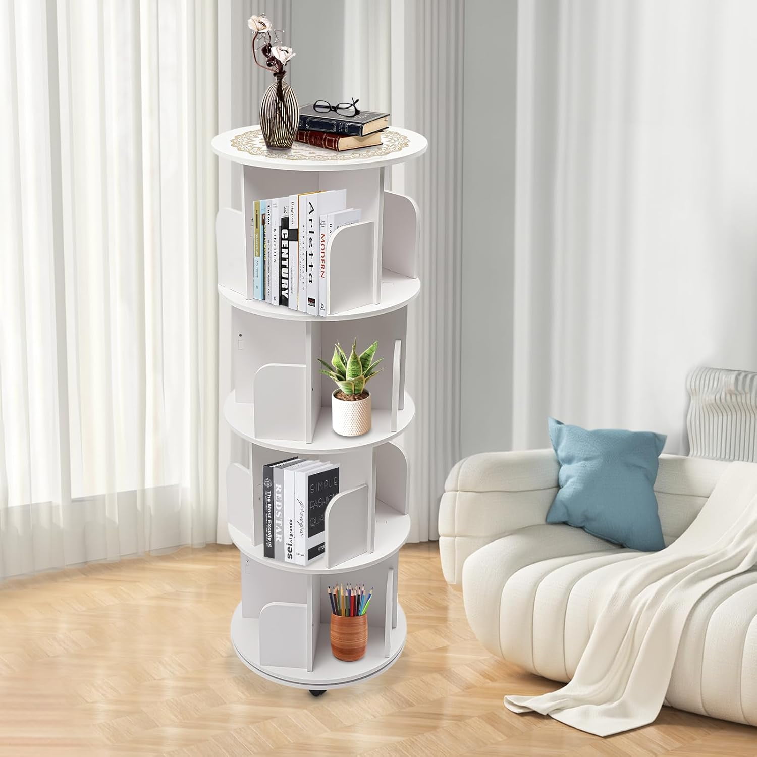 Rotating Bookshelf, 4-Tier Rotating Bookcase with Wheels,Narrow Book ...
