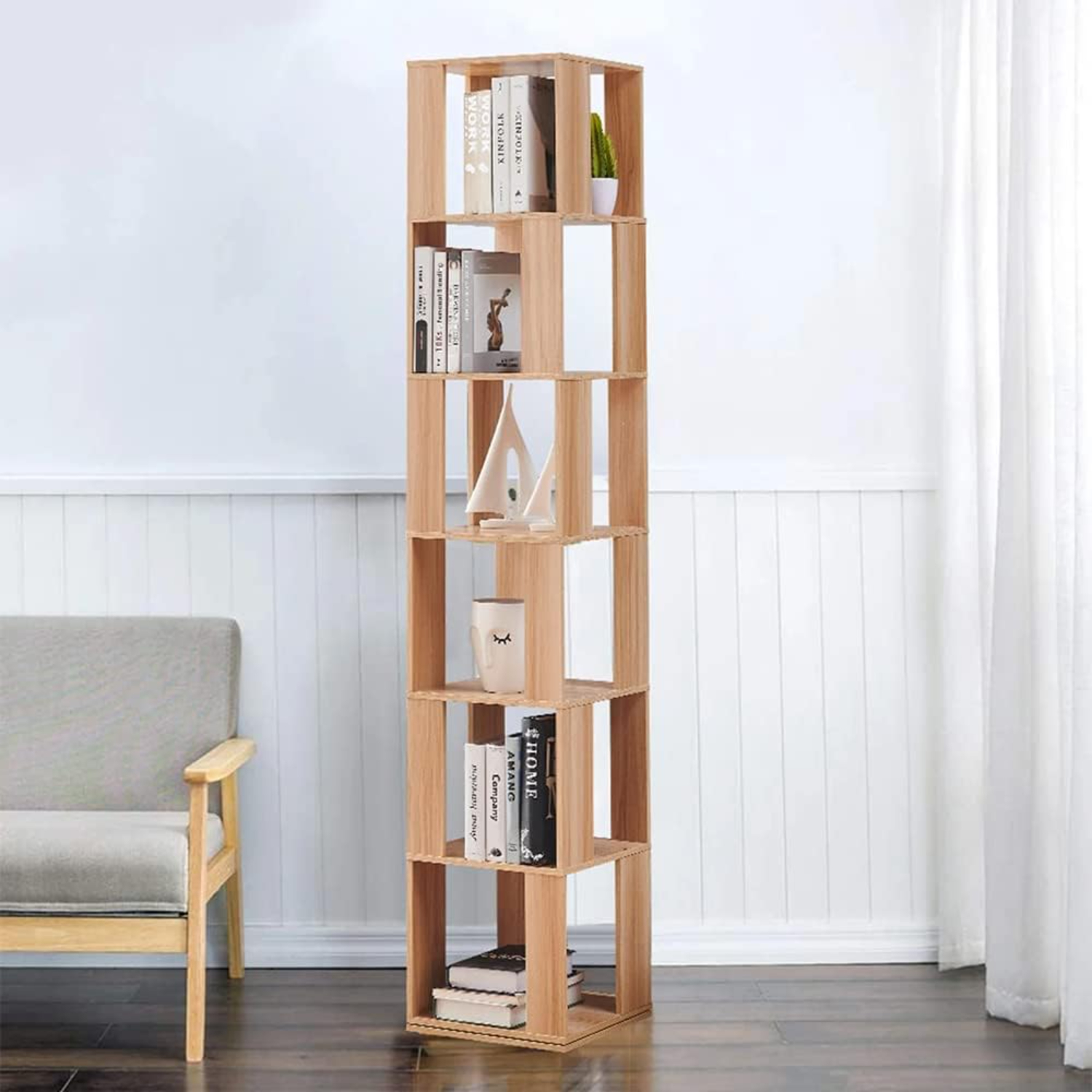 Rotating Bookshelf 6 Tier Floor Standing Revolving Bookcase Rack Wood ...