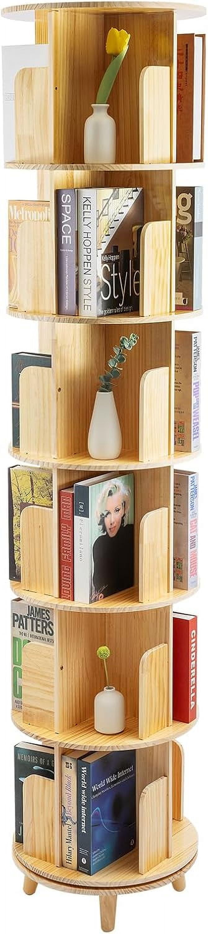 Rotating Bookshelf, 6-Tier Pine Wood Bookcase, Freestanding Bookcase ...