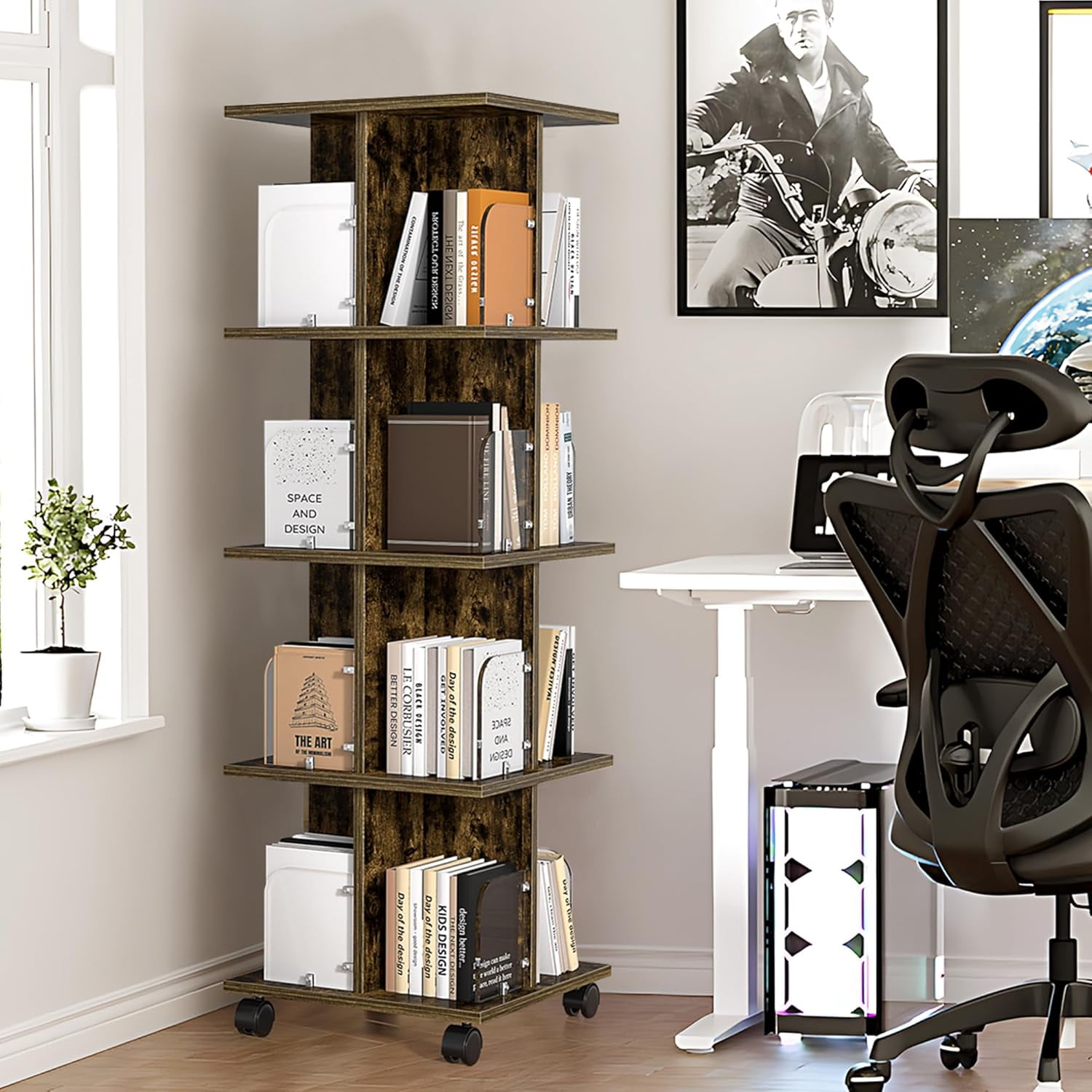 Rotating Bookshelf with Brake Wheels, 360°Display 4 Tier Floor ...