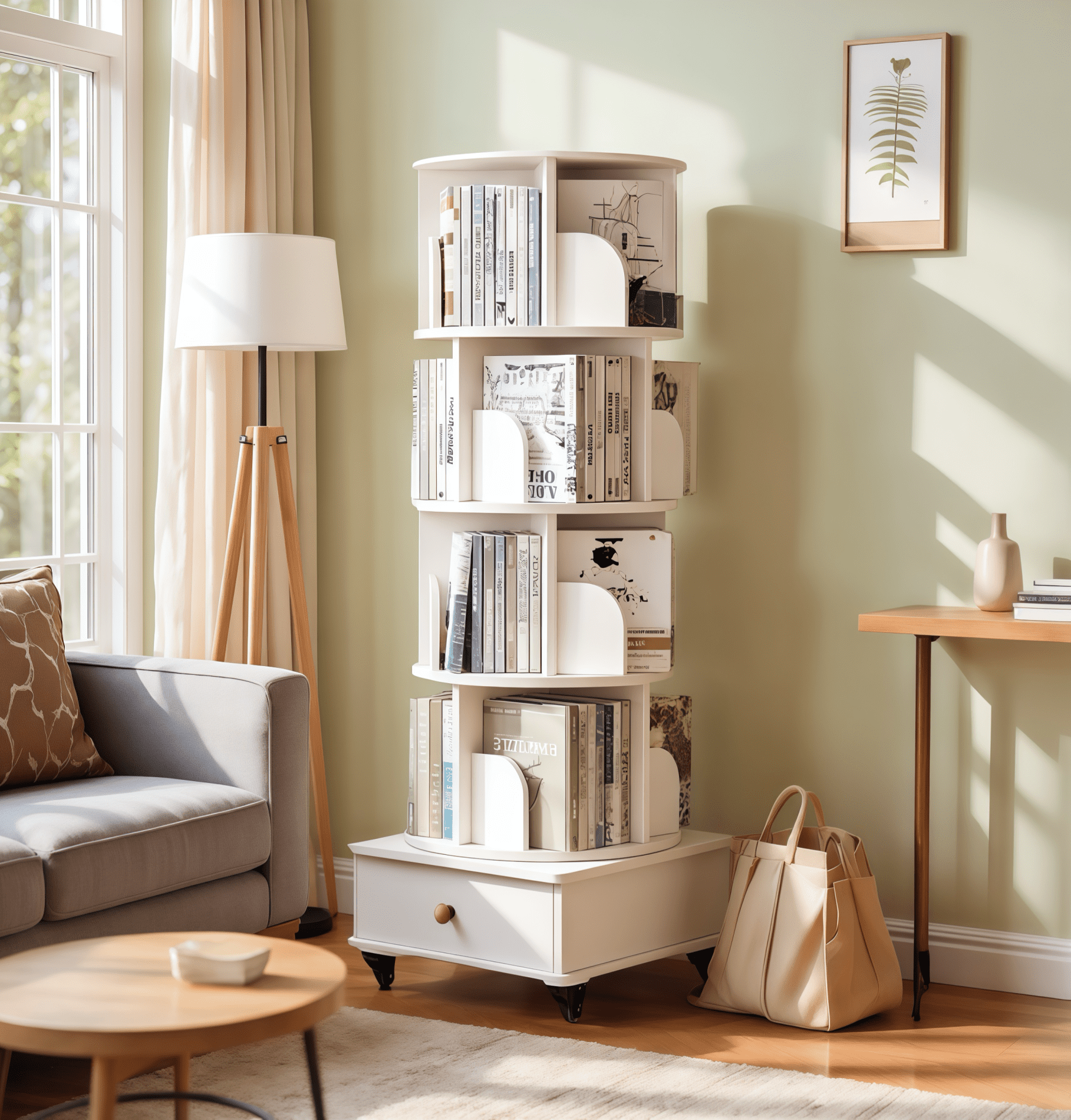 Rotating Bookshelf with Drawer, 360 Display 5 Tier Corner Bookshelf for ...