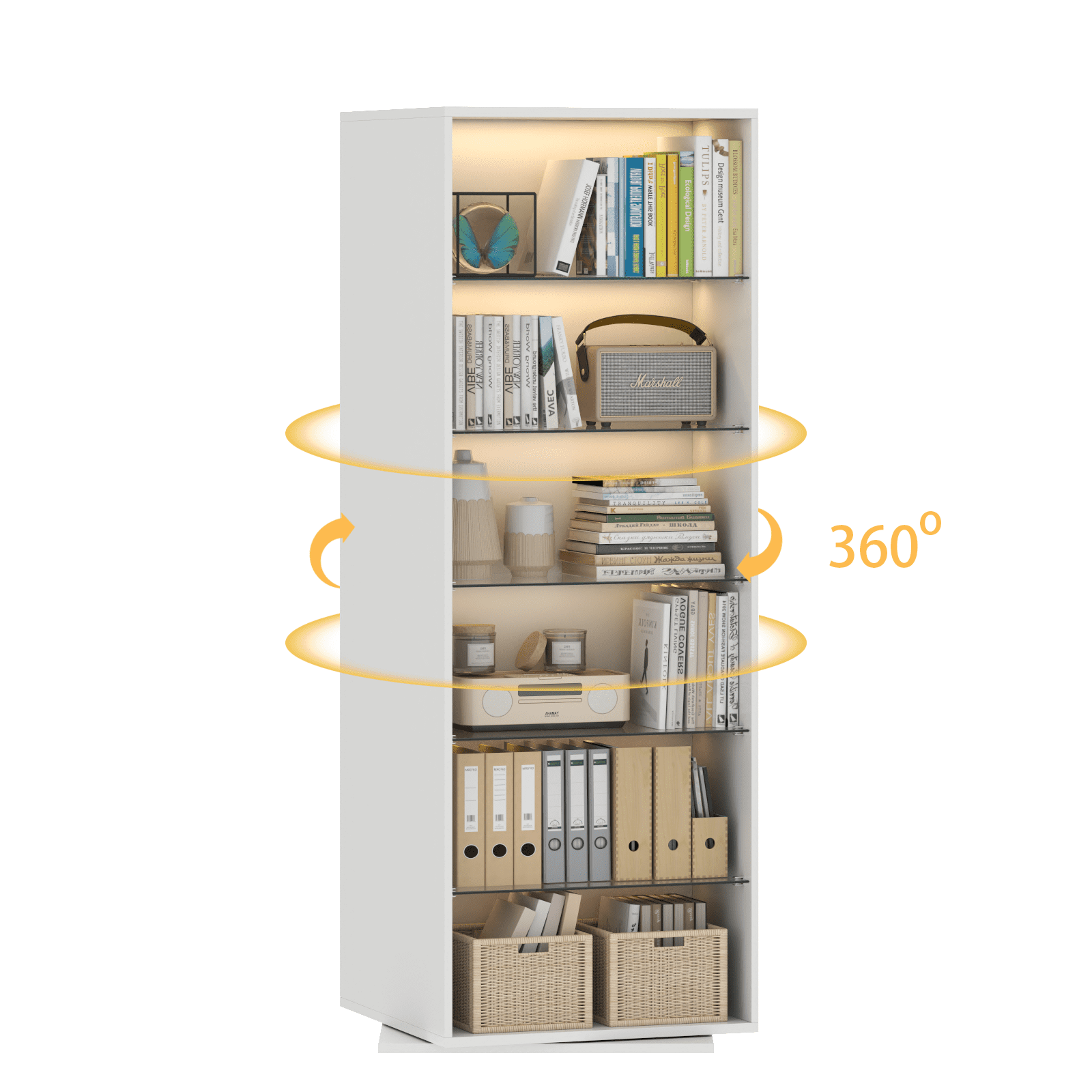 Gyfimoie Rotating Bookshelf with Induction Light, 6 Tier 360° Revolving ...