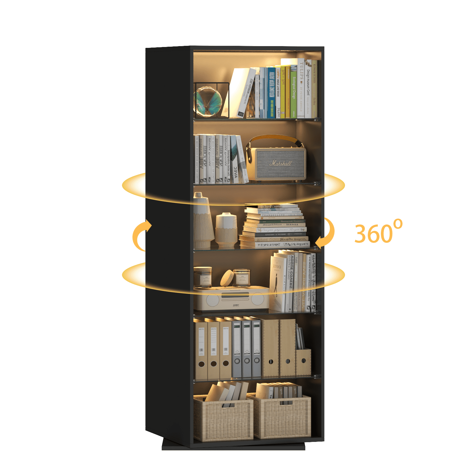 Rotating Bookshelf with Induction Light, 6 Tier 360° Revolving Bookcase ...