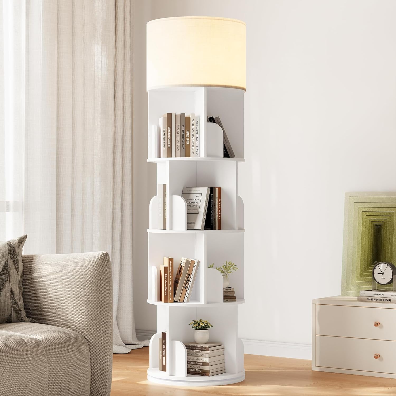 Rotating Bookshelf with Light, 4 Tier Spinning Bookshelf Tower, 360 ...