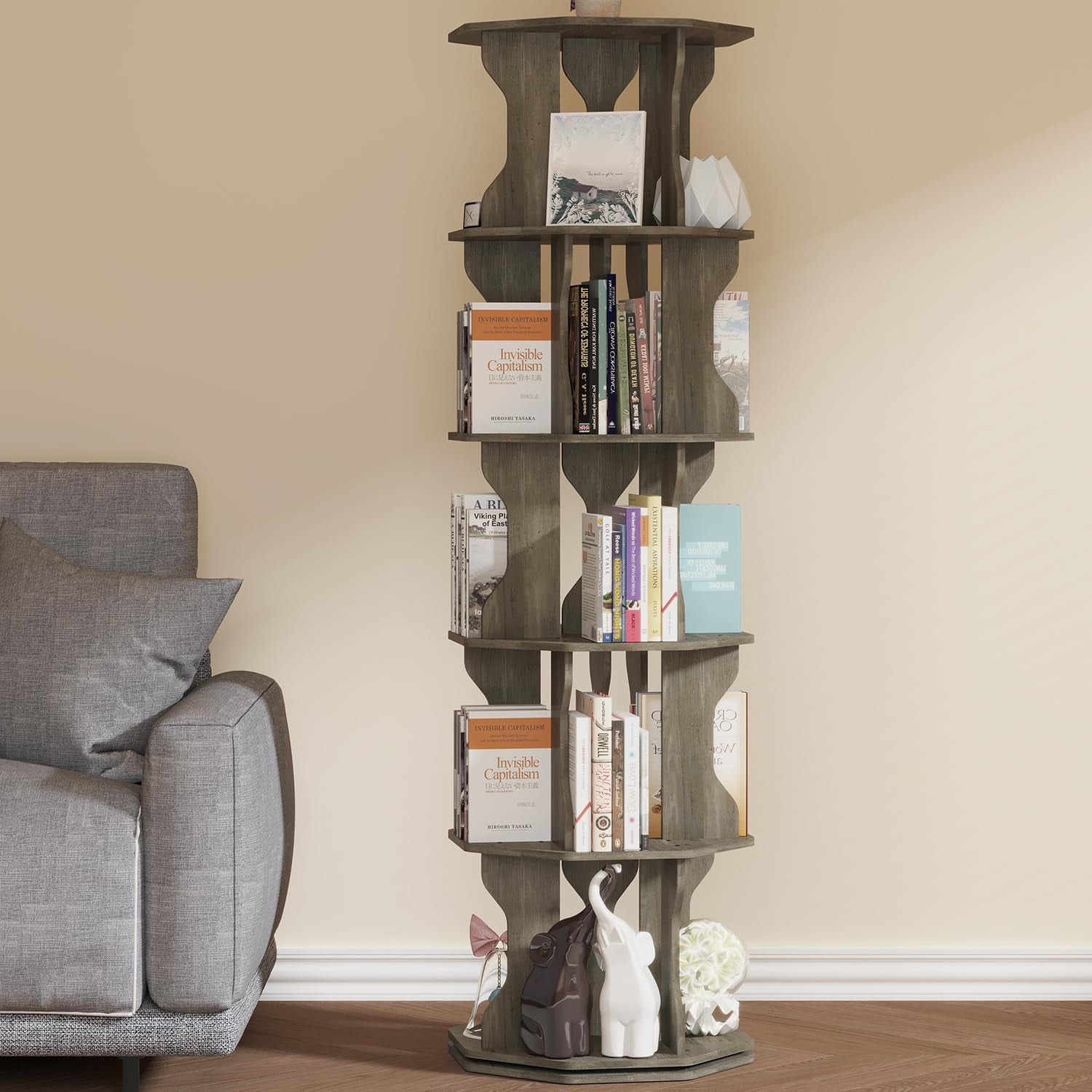 Rotating Bookshelf Octagonal 360° Display Corner Bookshelf Tower 5-Tier Floor Standing Bookcase ...