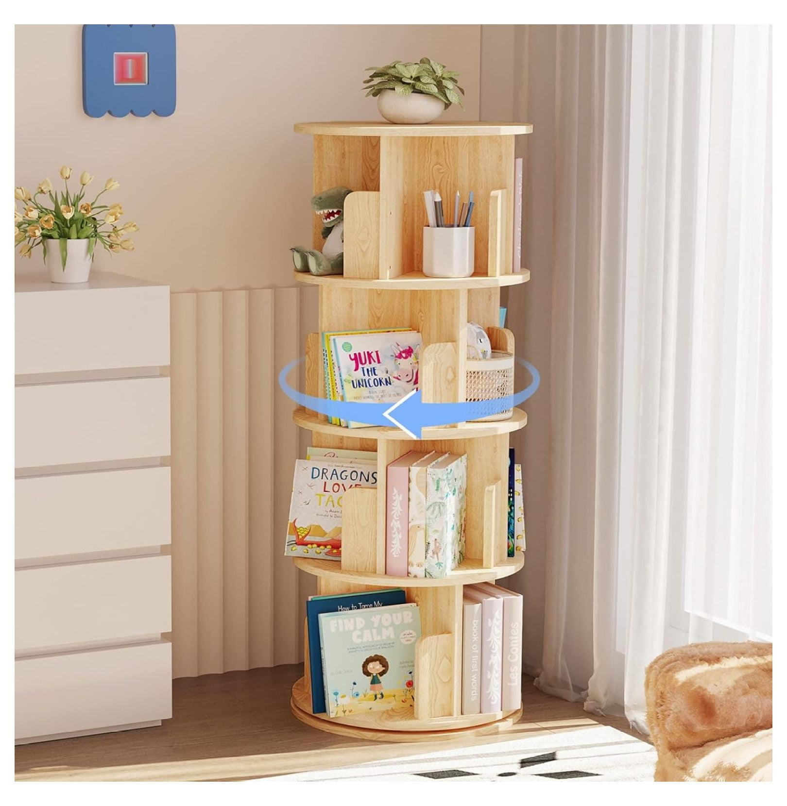 Rotating Bookshelf, Solid Wood Bookshelf, 360° Rotating Bookcase for ...