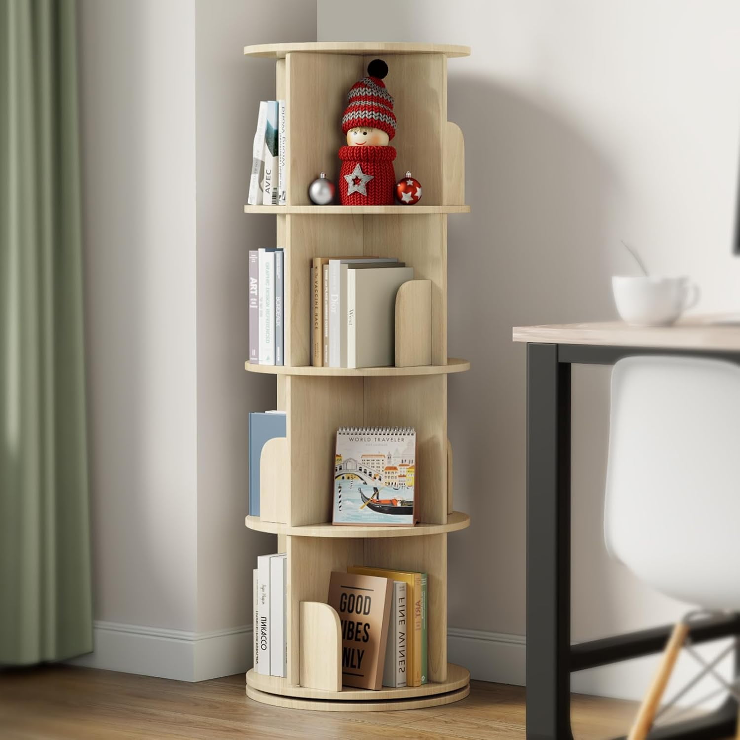 Rotating Bookshelf - Solid Wood Rotating Bookshelf Tower with 2 Drawers ...