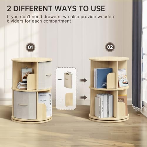 Rotating Bookshelf - Solid Wood Rotating Bookshelf Tower with 2 Drawers ...