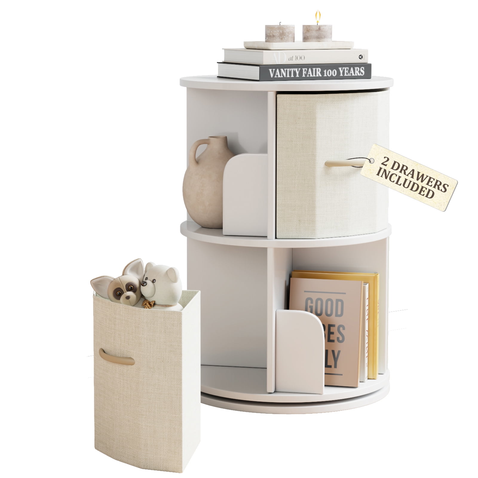 Rotating Bookshelf - Solid Wood Rotating Bookshelf Tower with 2 Drawers ...