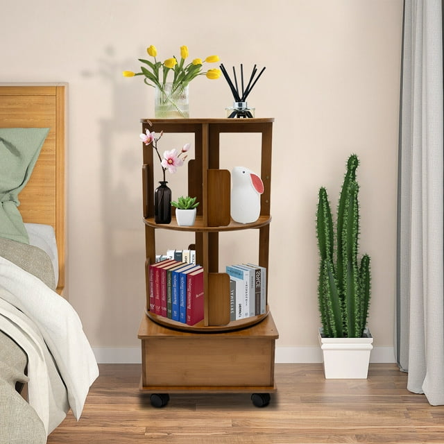 Rotating Bookshelf with Storage Drawer, 360 Display Wood Spinning ...
