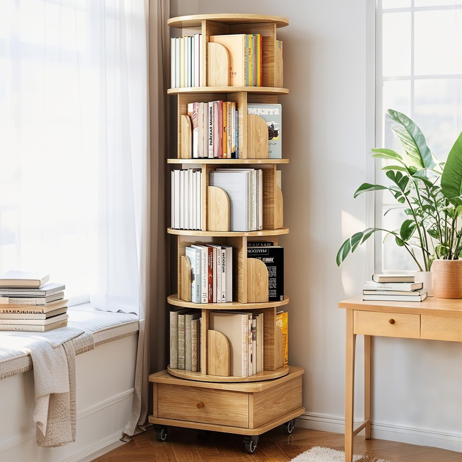 Rotating Bookshelf Tower 360° Spinning Bookcase Wooden Floor-Standing ...
