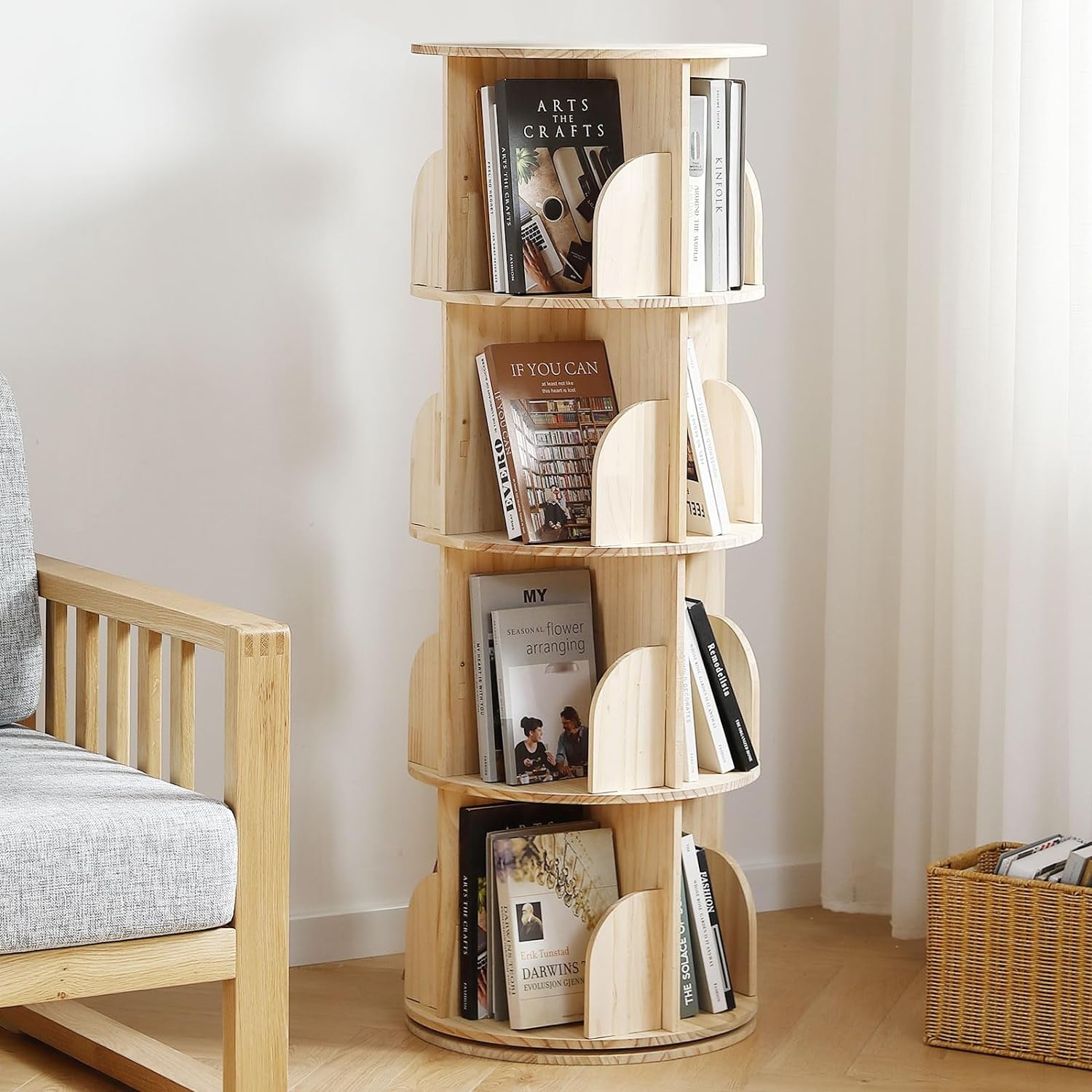 Rotating Bookshelf Tower, 4 Tier 360 Display Spinning Bookshelf, Solid Wood Revolving Bookcase ...
