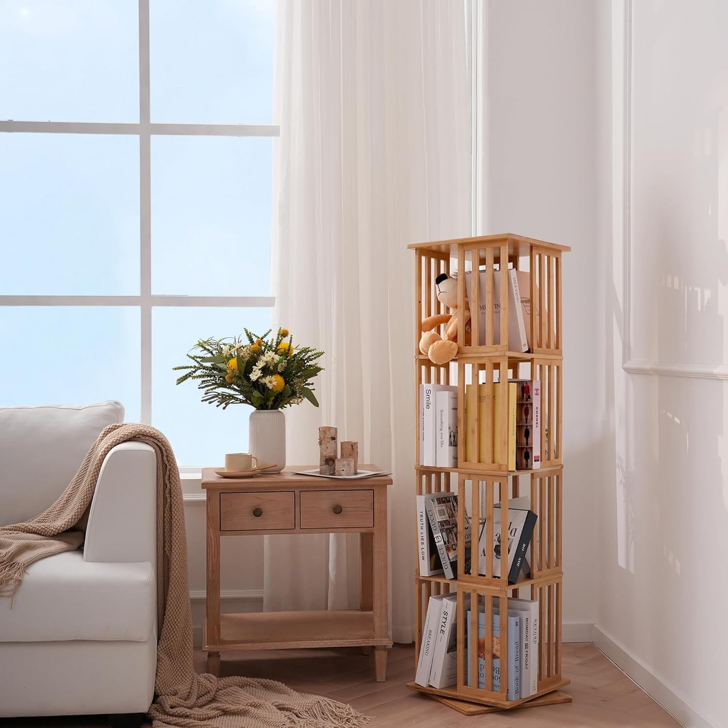 Rotating Bookshelf Tower, 4 Tier Bamboo Rotating Bookcase, Floor ...