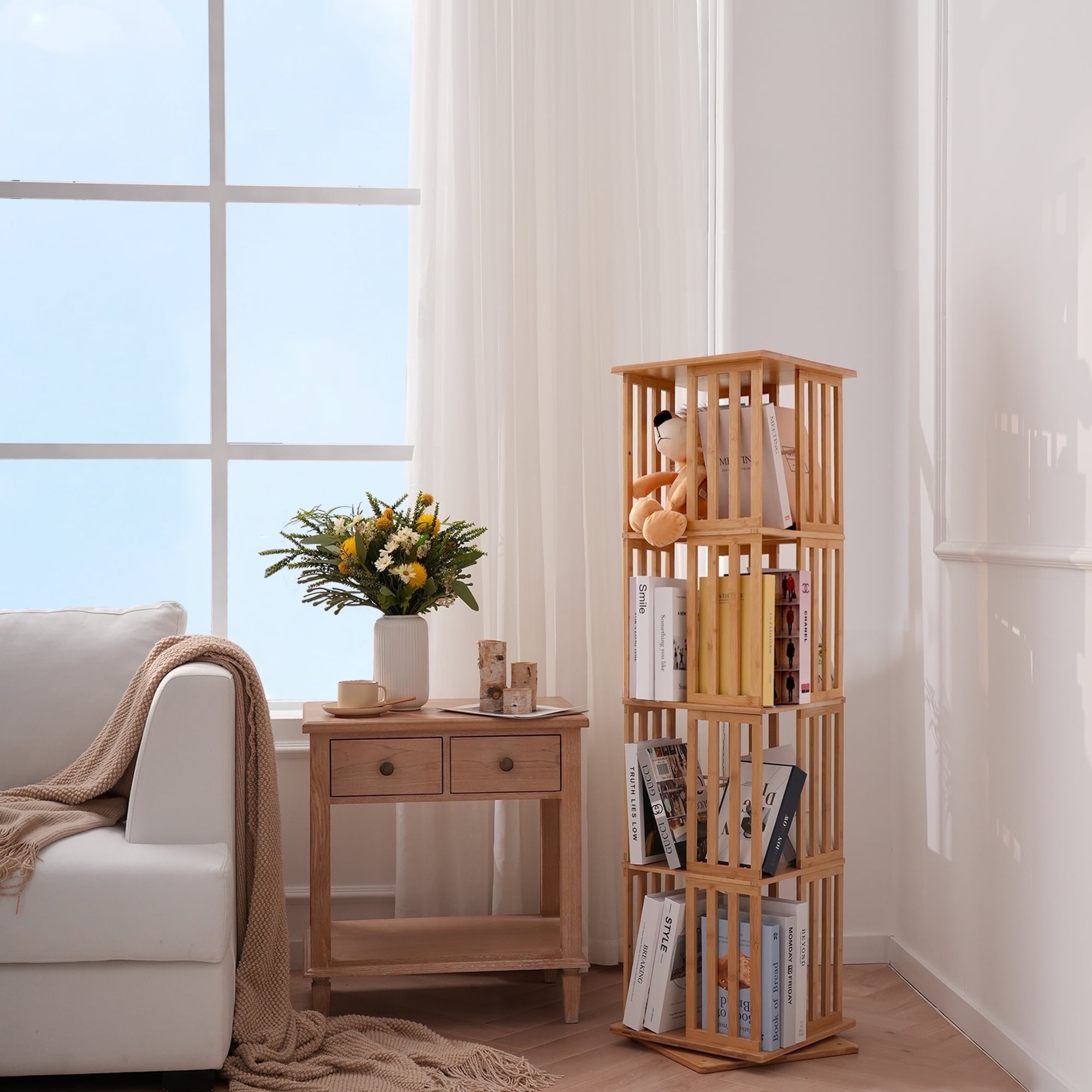 Eliantte 4 Tier Rotating Bookshelf, Bamboo Spinning Bookcase Organizer ...