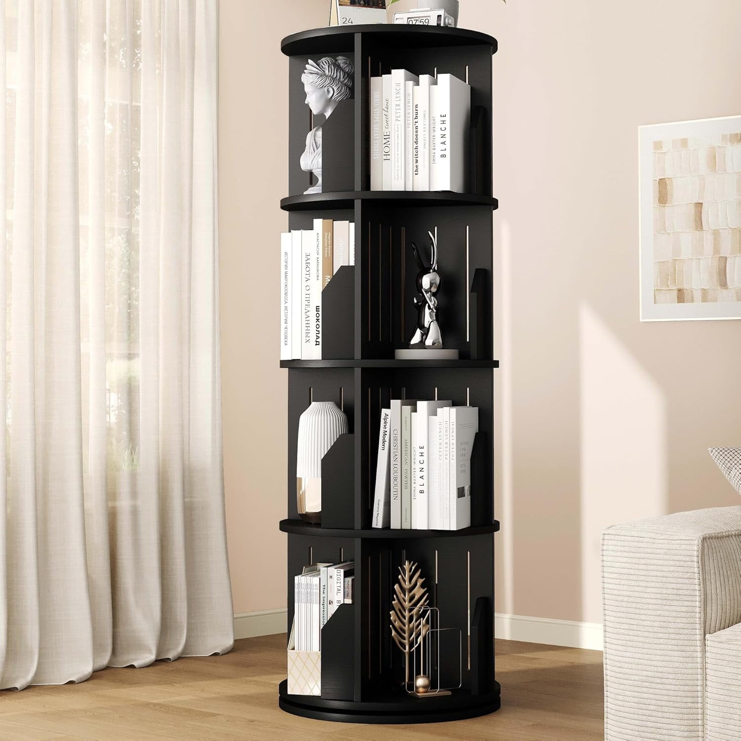 Rotating Bookshelf Tower, 4 Tier Corner Narrow Spinning Bookcase, 360 ...