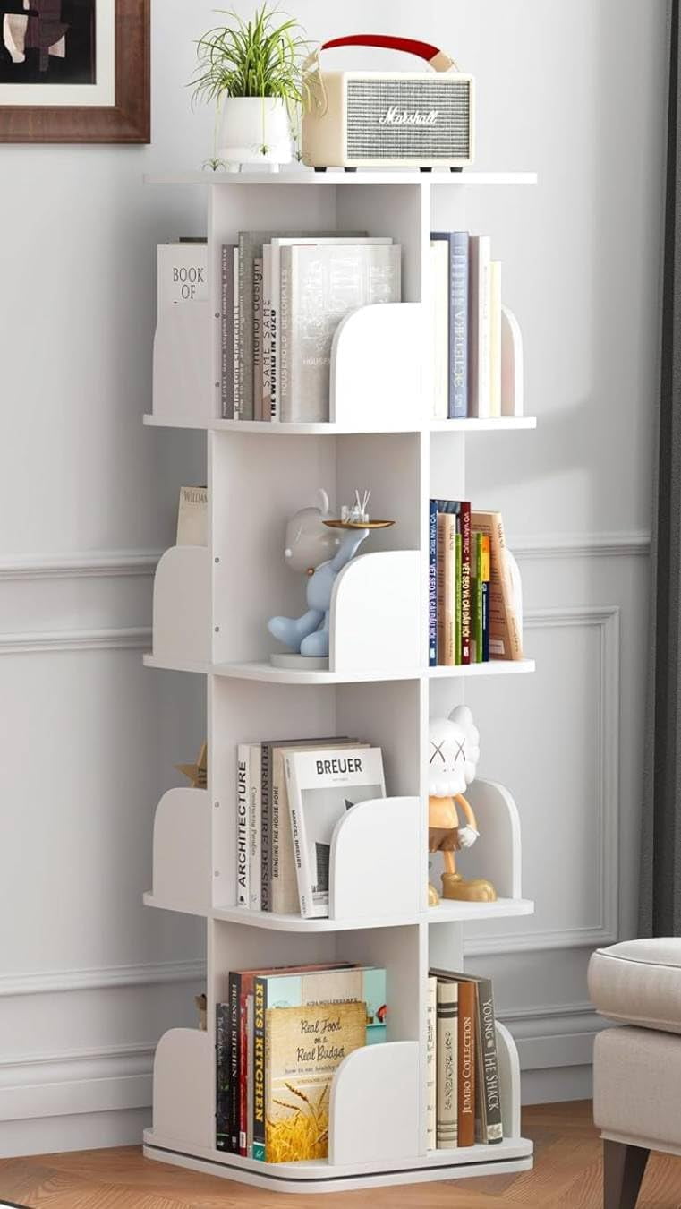 Rotating Bookshelf Tower, 4 Tier Spinning Square Bookshelf for Small ...