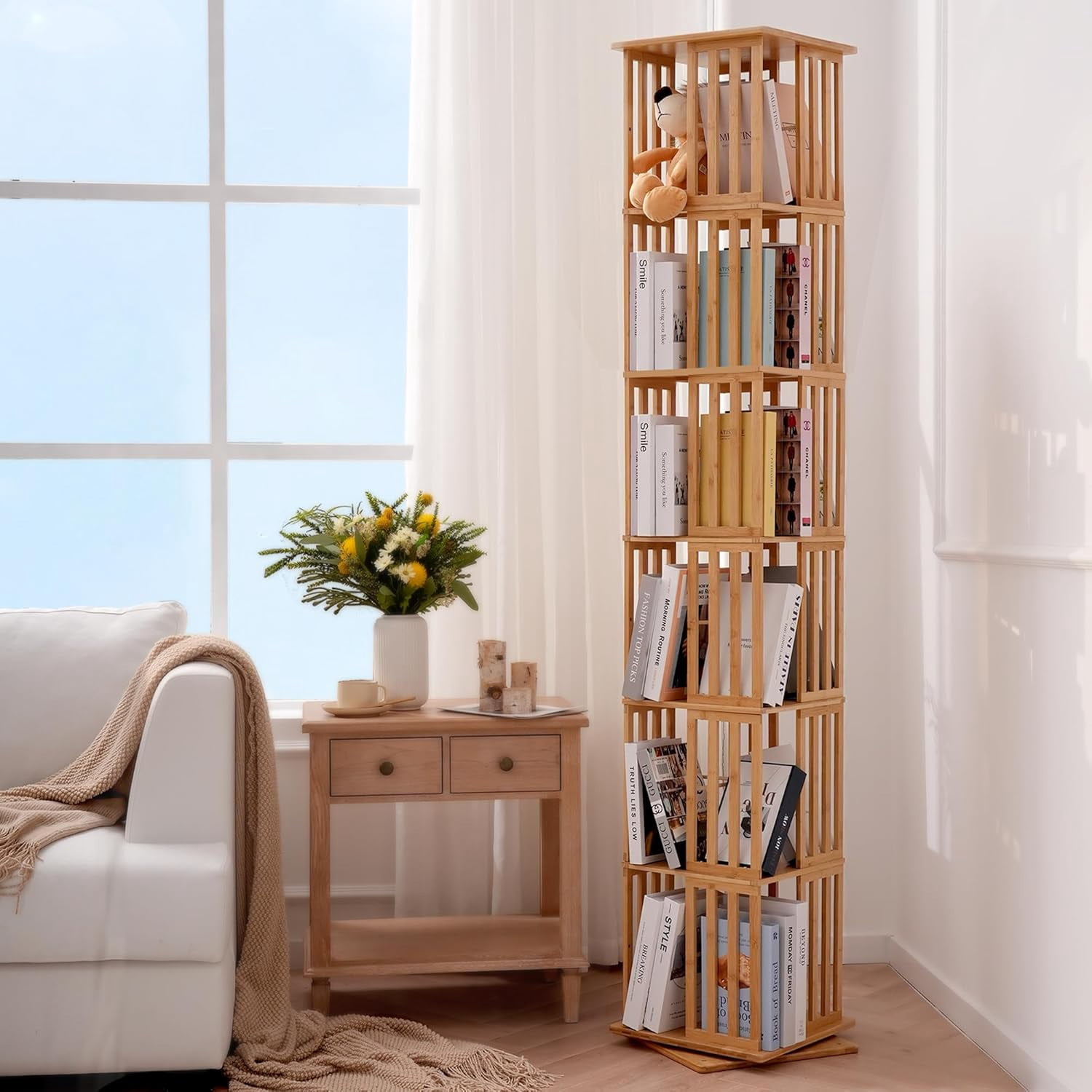 Rotating Bookshelf Tower, 6-Tier Bamboo Rotating Bookcase, Floor ...