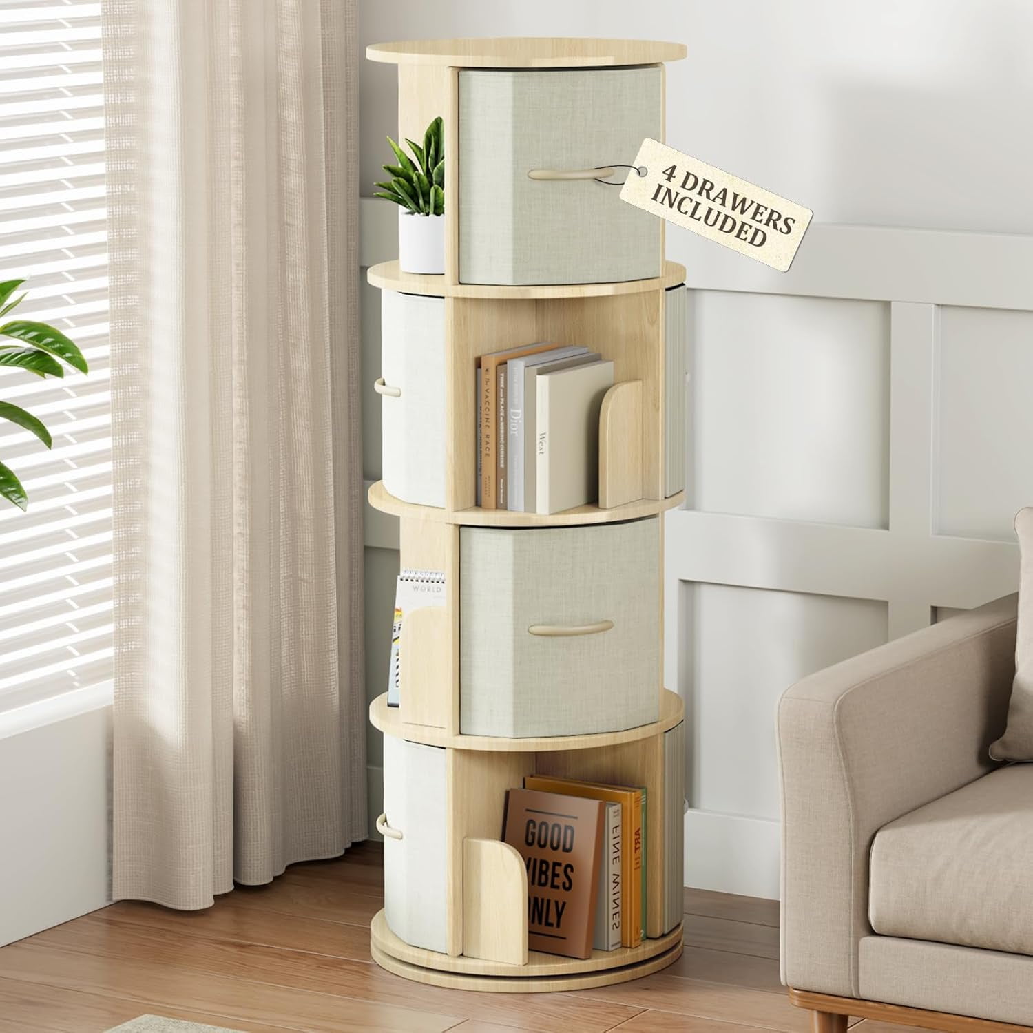 Rotating Bookshelf Tower, Solid Wood Rotating Bookshelf, 4 Tier ...