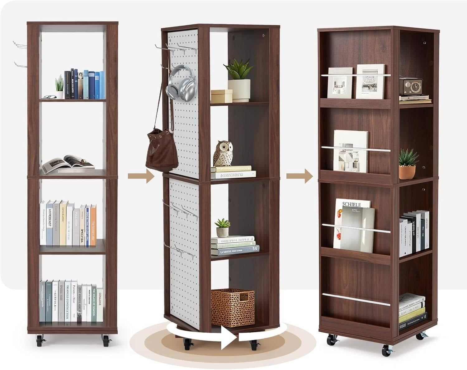 Rotating Bookshelf Tower with Wheels, 4-Tier Corner Bookshelf with ...