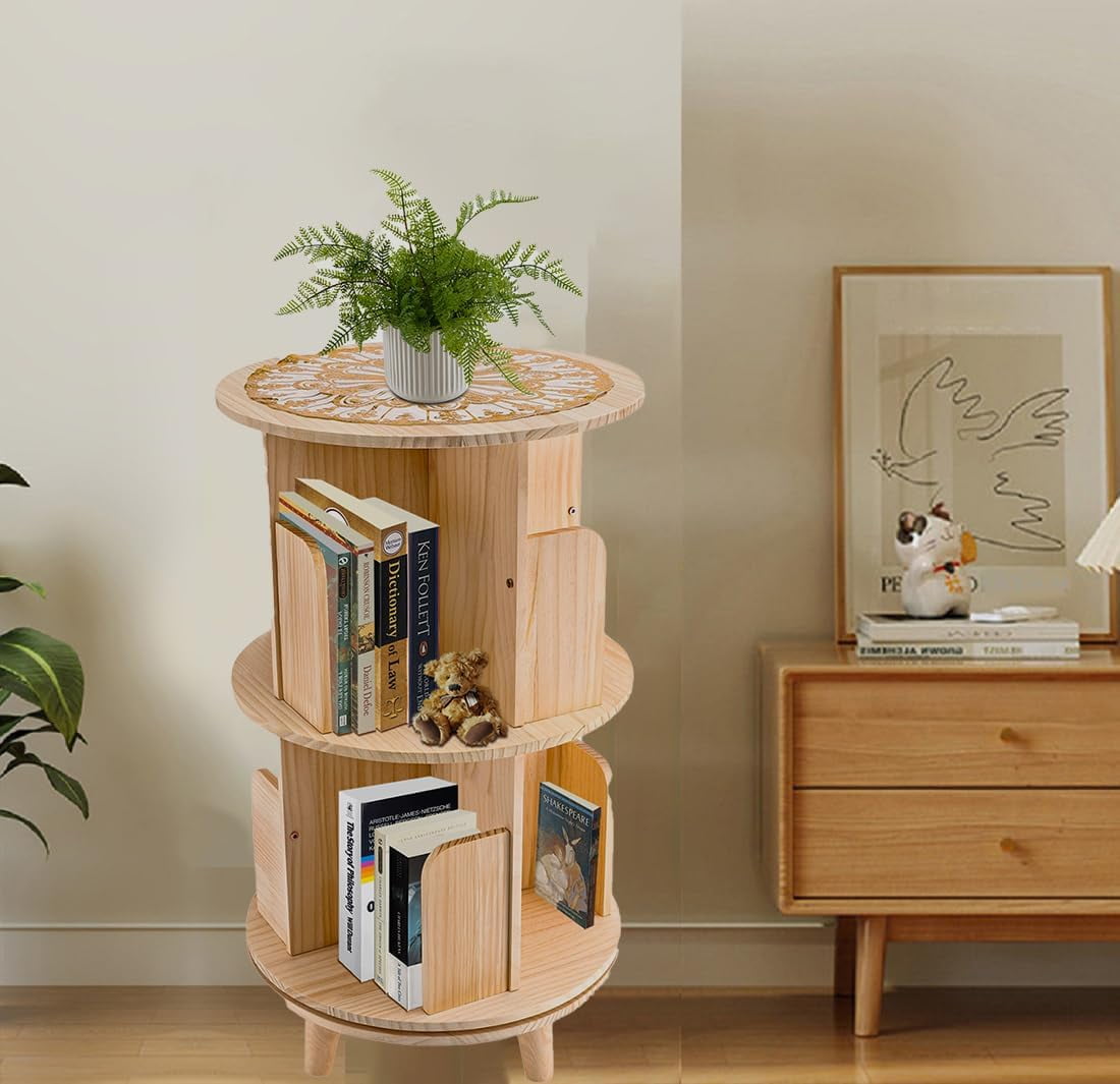 Rotating Bookshelf, Wooden Round Bookcase Floor Standing Display ...