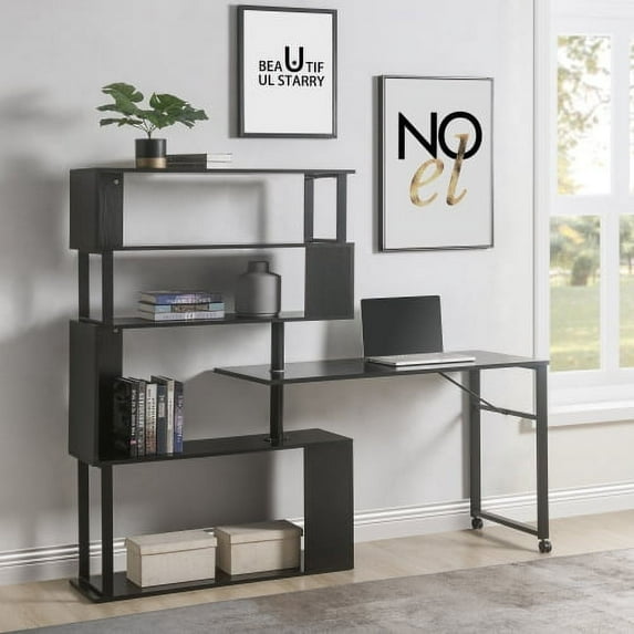 Rotating Computer Desk with 5 Shelves Bookshelf, Modern L-Shaped Corner ...