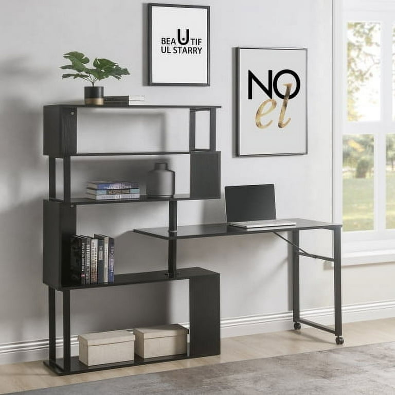 Desk With Industrial Wheels 32" X 16" Walnut Laminate And Black Metal