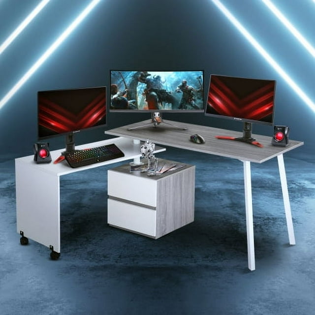 Rotating Computer Desk with Shelves Bookshelf, Modern L-Shaped Corner ...
