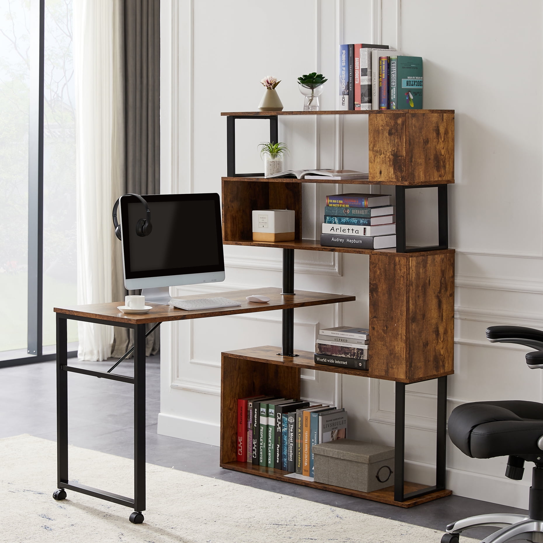 Rotating Computer Table with 5-Tier Bookshelf, Vintage Rustic L-Shaped ...