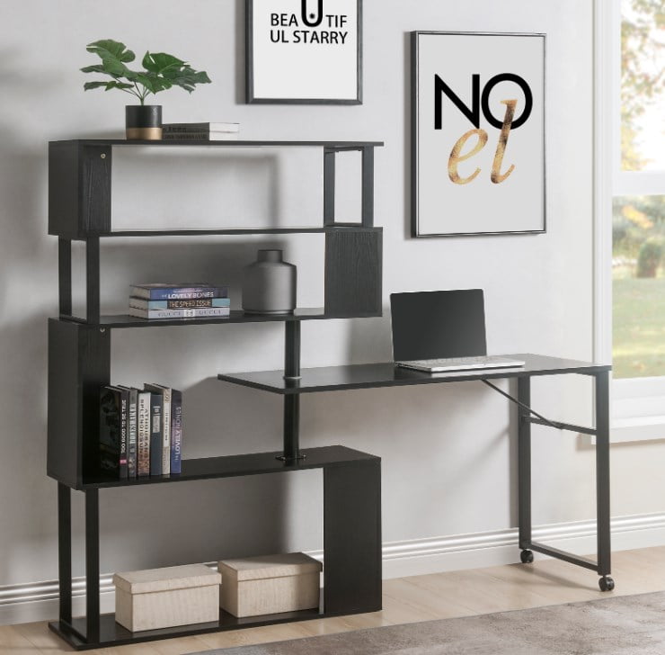 Rotating Computer Table with 5-Tier Bookshelf,Home Office Computer Desk ...