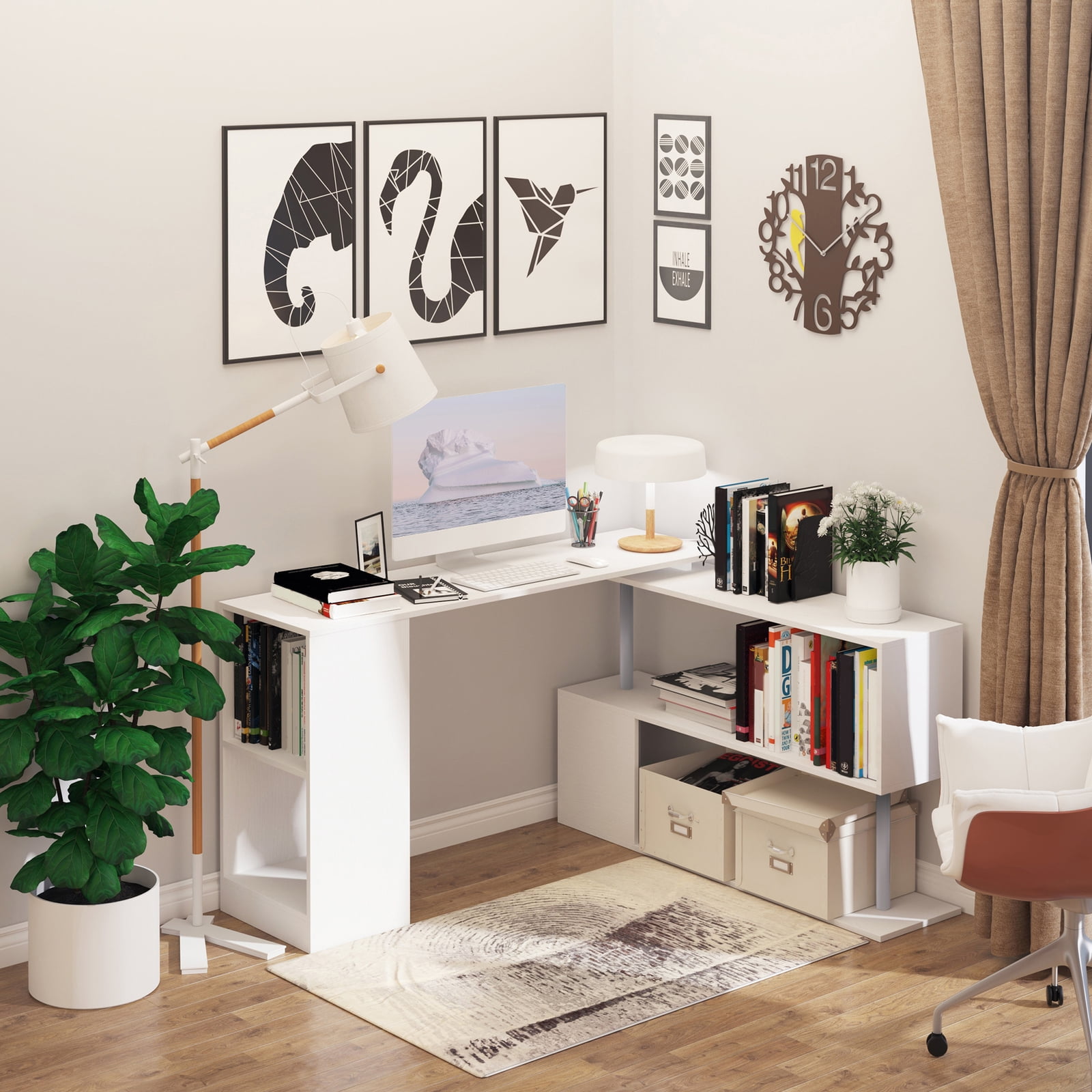 Rotating Corner Table Shelf Combo L-Shaped I-Shape Computer Home Office ...
