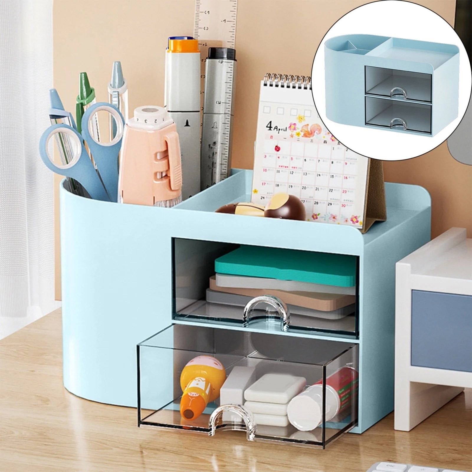 Rotating Desktop Organizer with Clear Drawers and Compartments Blue ...