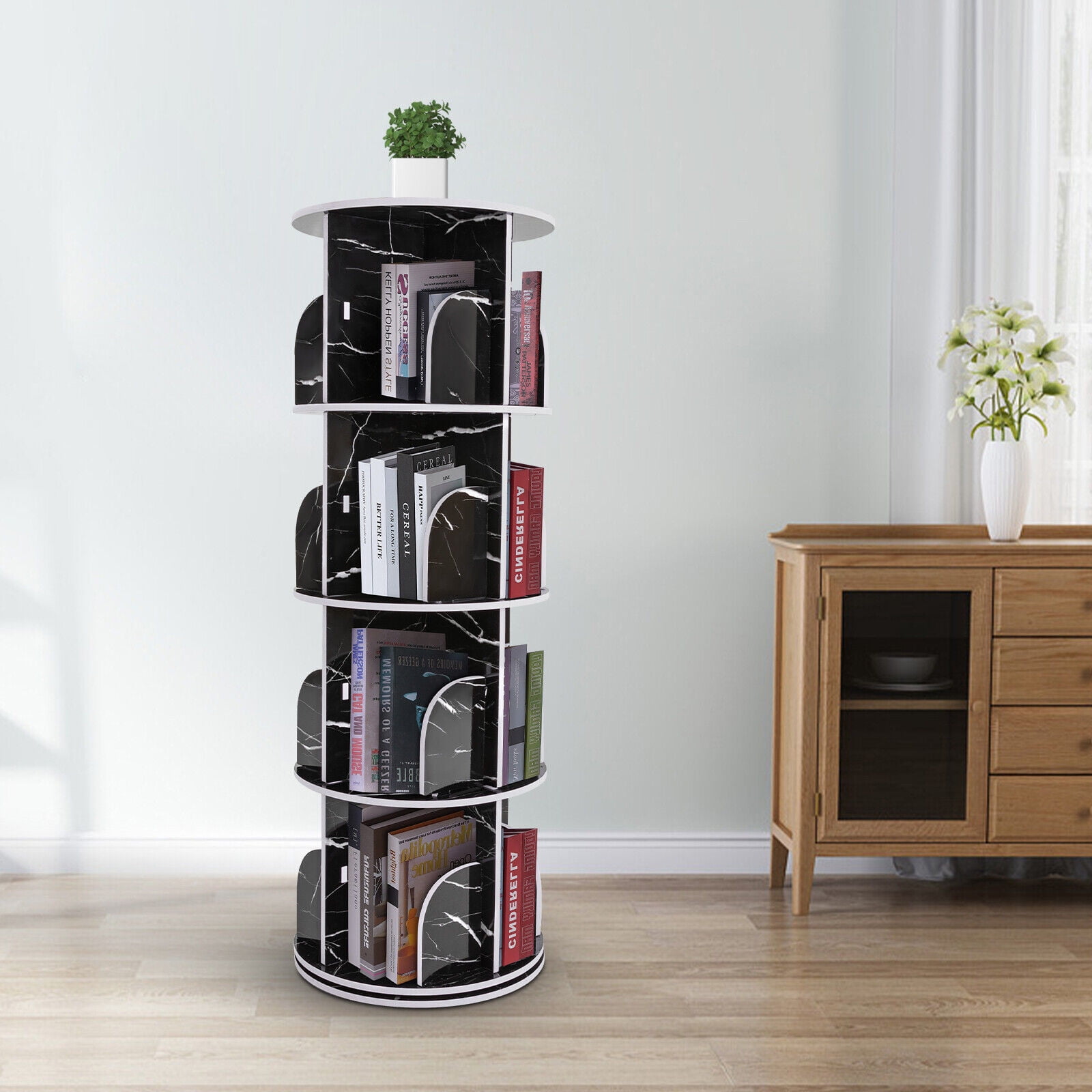 Rotating Display Bookshelf - Black Marble Revolving Storage Rack 4 Tier ...