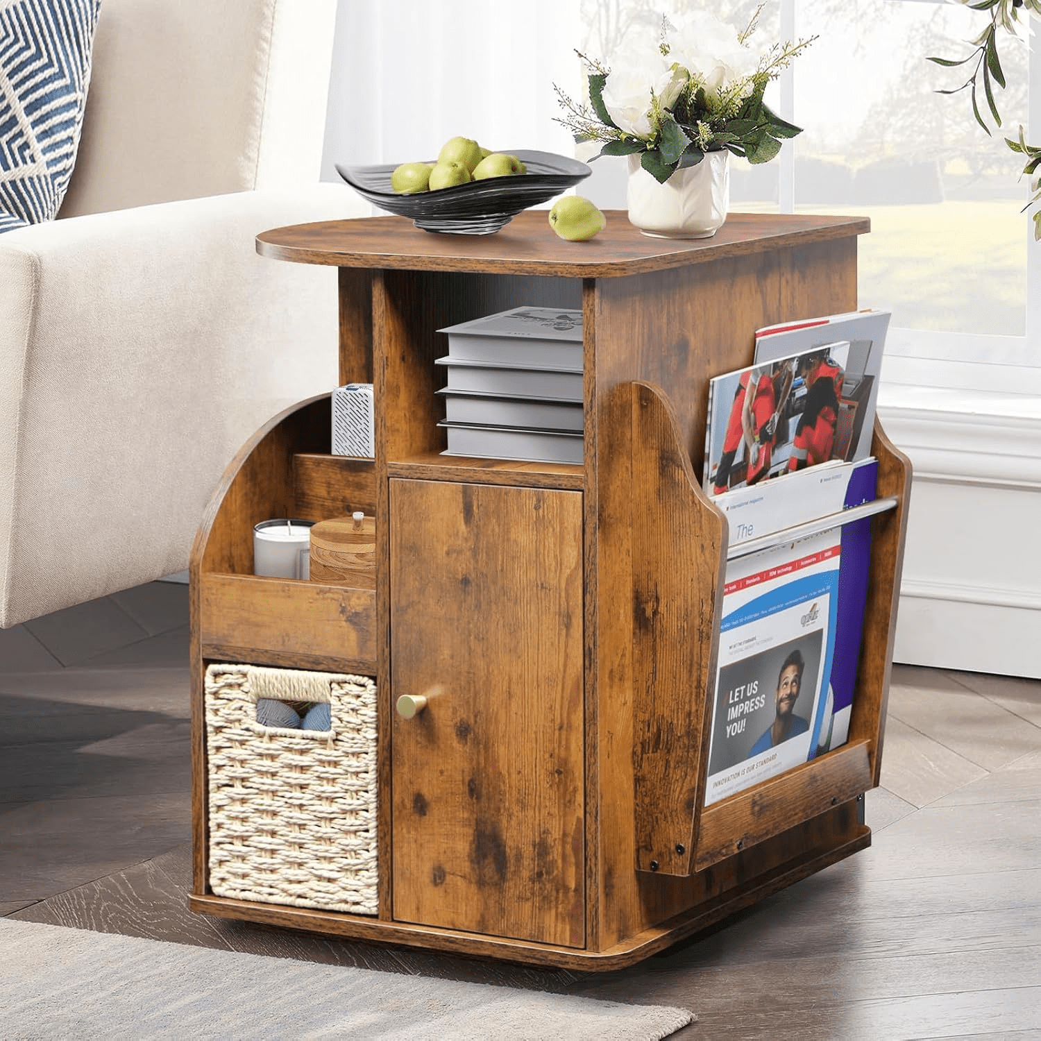 Rotating End Table Side Table Magazine Holder Basket Cabinet Swivel ...