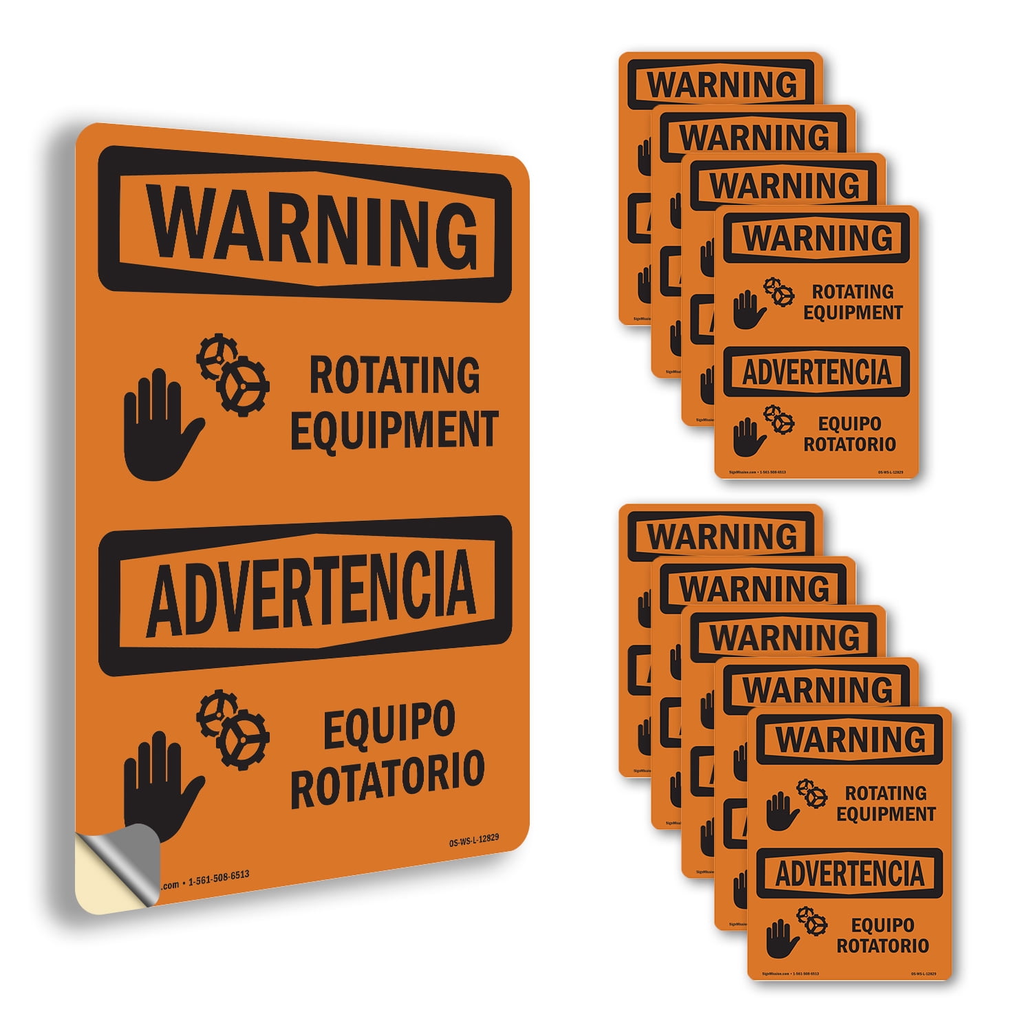 Rotating Equipment With Symbol Bilingual OSHA WARNING Vinyl Decal Label ...