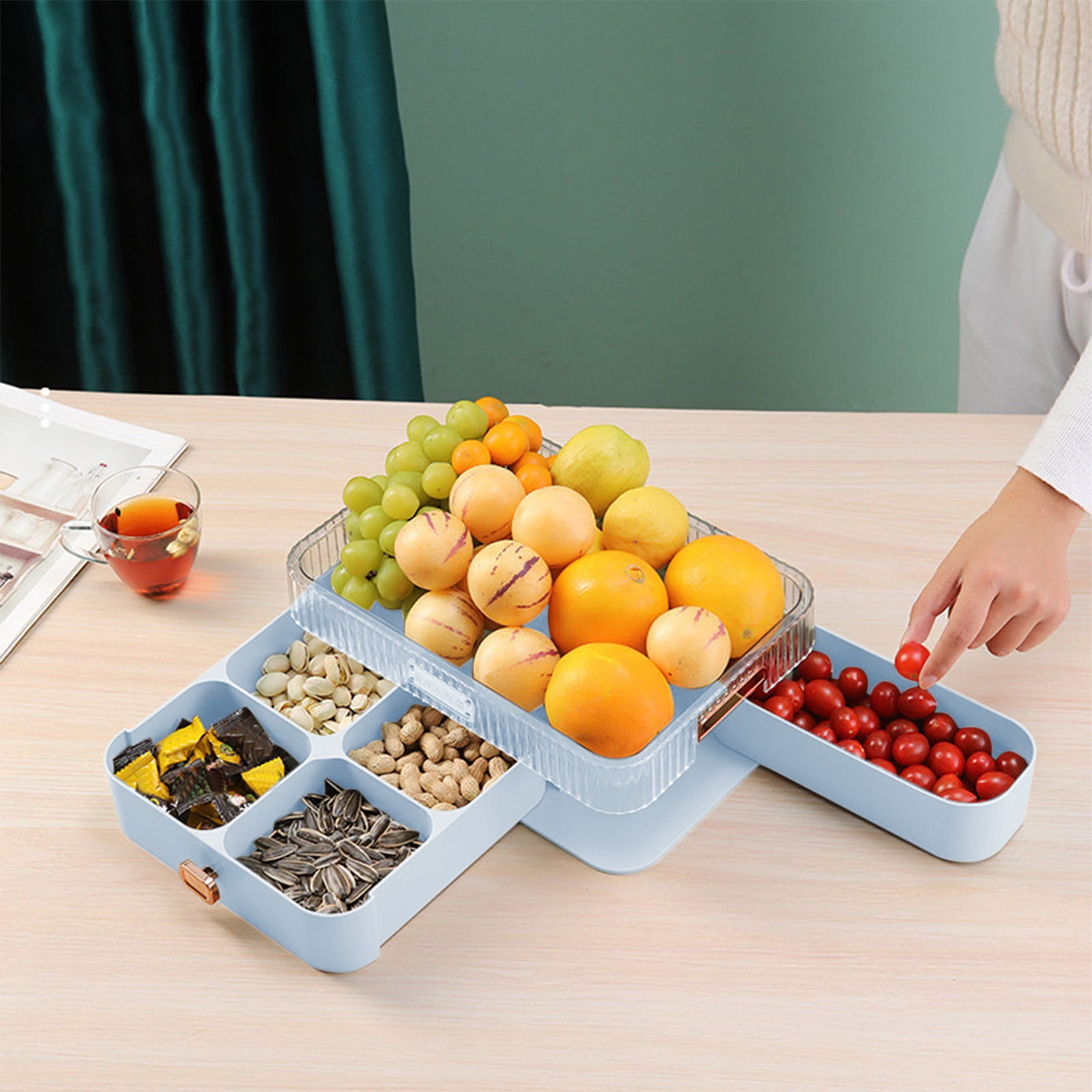 Rotating Fruit Organizer Double Tier Compartment Detachable Drawer Food ...